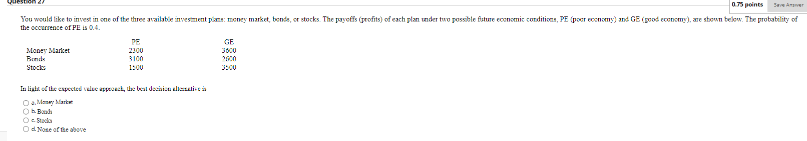 Solved the occurrence of PE is 0.4 . Money Market Bonds | Chegg.com