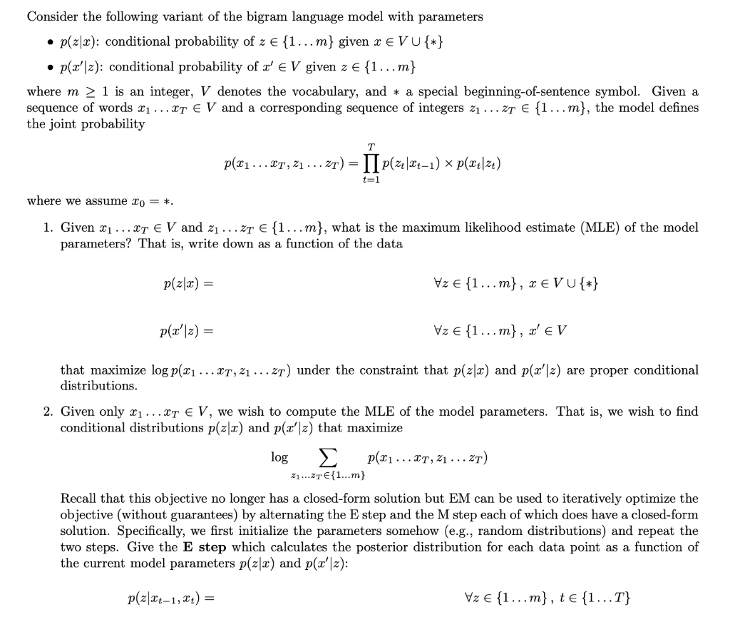 Solved Consider the following variant of the bigram language | Chegg.com