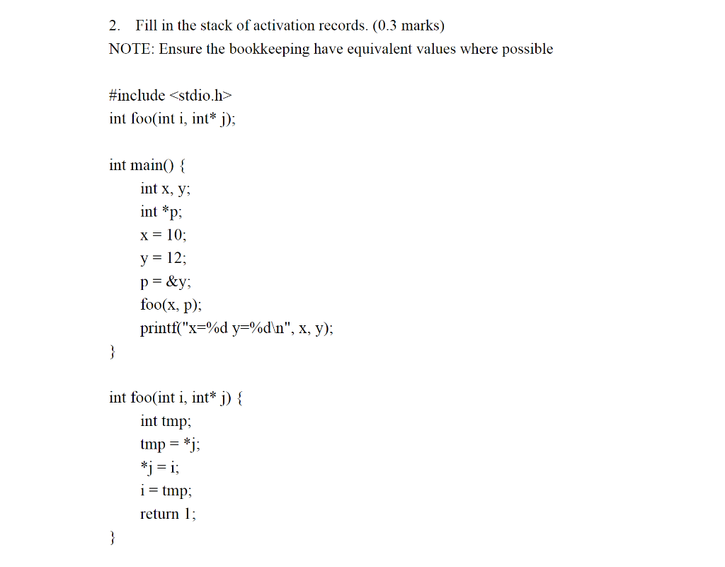Solved 2. Fill in the stack of activation records. (0.3 | Chegg.com