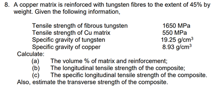 Solved 8. A copper matrix is reinforced with tungsten fibres | Chegg.com