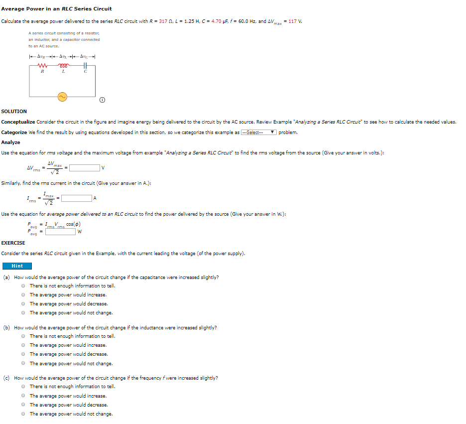 Solved Average Power in an RLC Series Circuit Calculate the | Chegg.com
