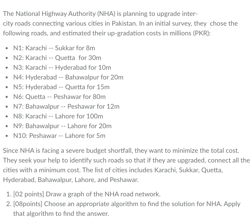 Solved The National Highway Authority (NHA) is planning to | Chegg.com