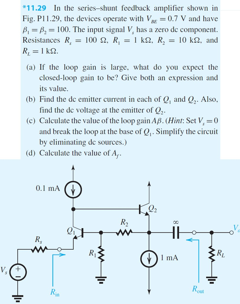 Solved *11.29 In the series-shunt feedback amplifier shown | Chegg.com