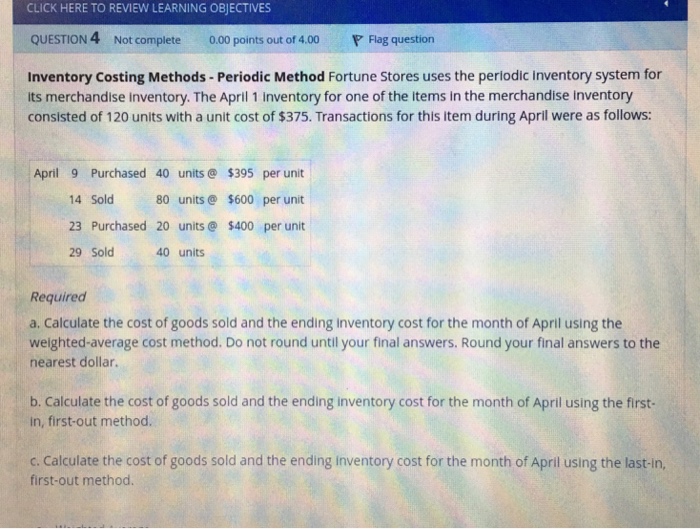 Solved CLICK HERE TO REVIEW LEARNING OBJECTIVES QUESTION 4 | Chegg.com