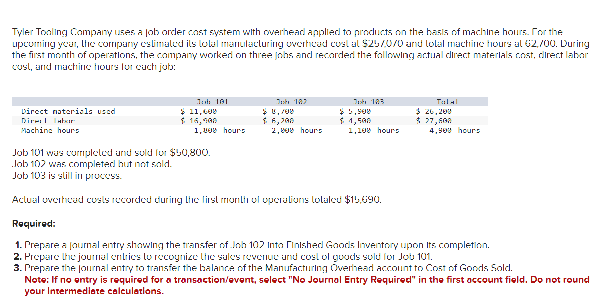 Solved Tyler Tooling Company uses a job order cost system | Chegg.com