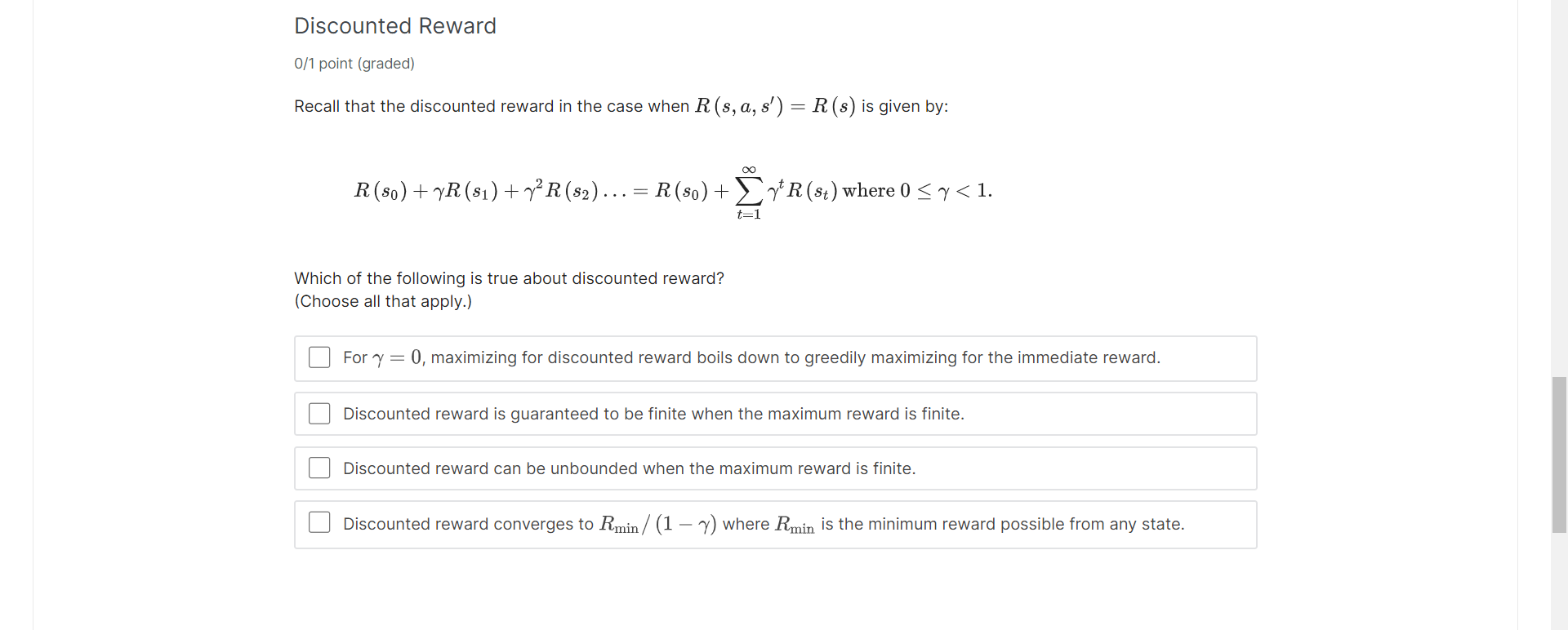 Solved Discounted Reward 0/1 point (graded) Recall that the | Chegg.com