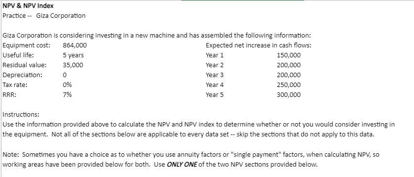 Solved NPV & NPV Index Practice -- Giza Corporation Giza | Chegg.com