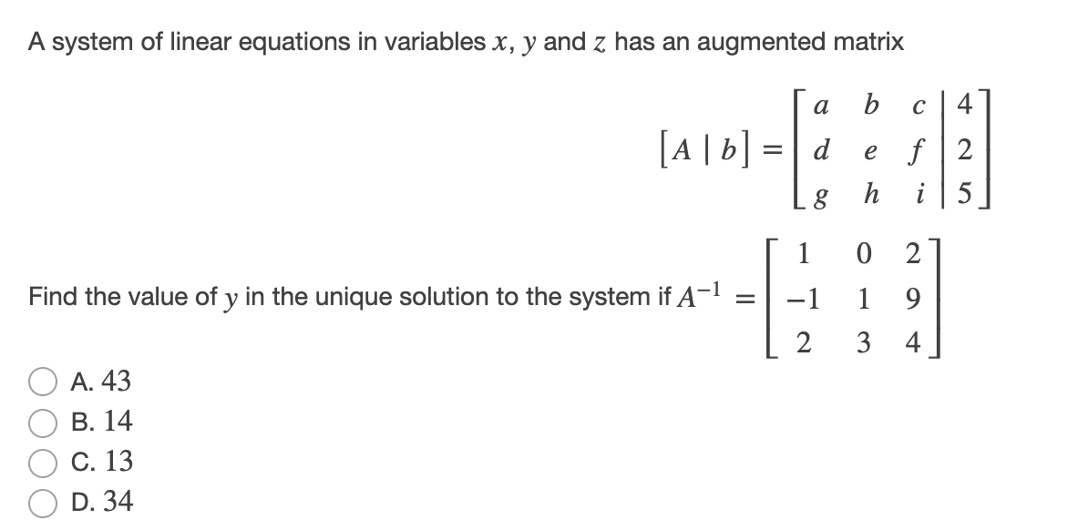 Solved A system of linear equations in variables x, y and z | Chegg.com