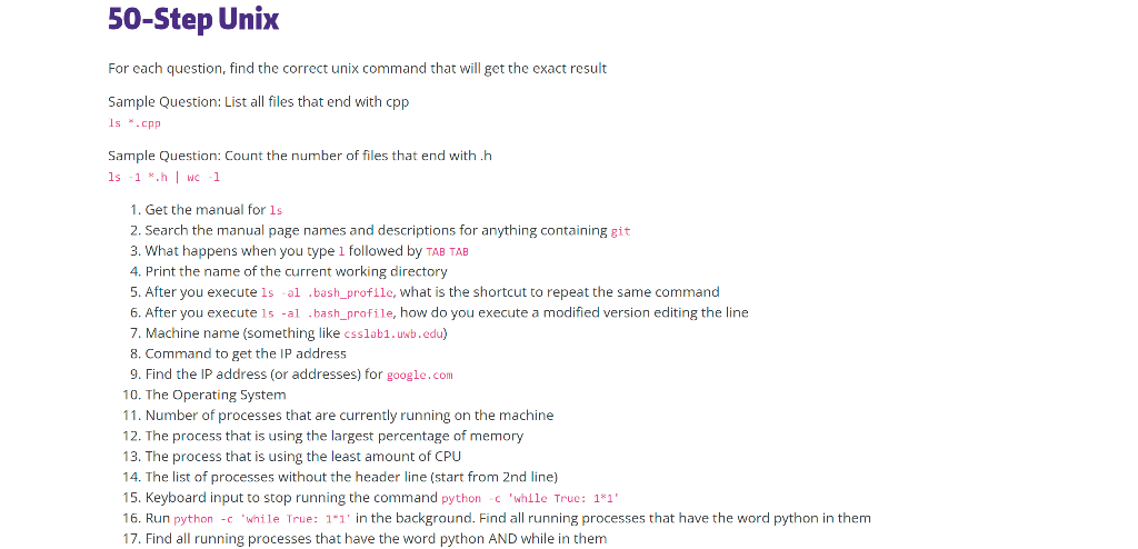 Solved For Each Question Find The Correct Unix Command That