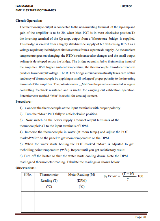 LAB MANUAL BME 1133 THERMODYNAMICS LUC/FOE EXPERIMENT | Chegg.com