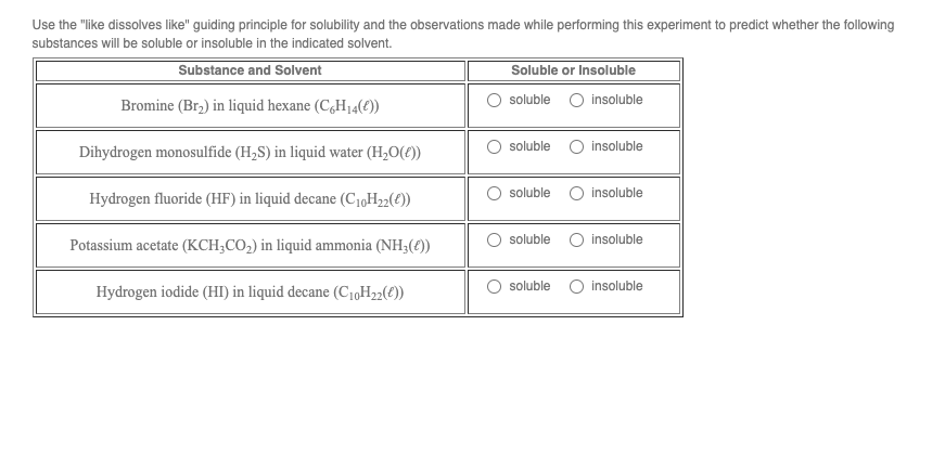 Solved Use the "like dissolves like" guiding principle for | Chegg.com