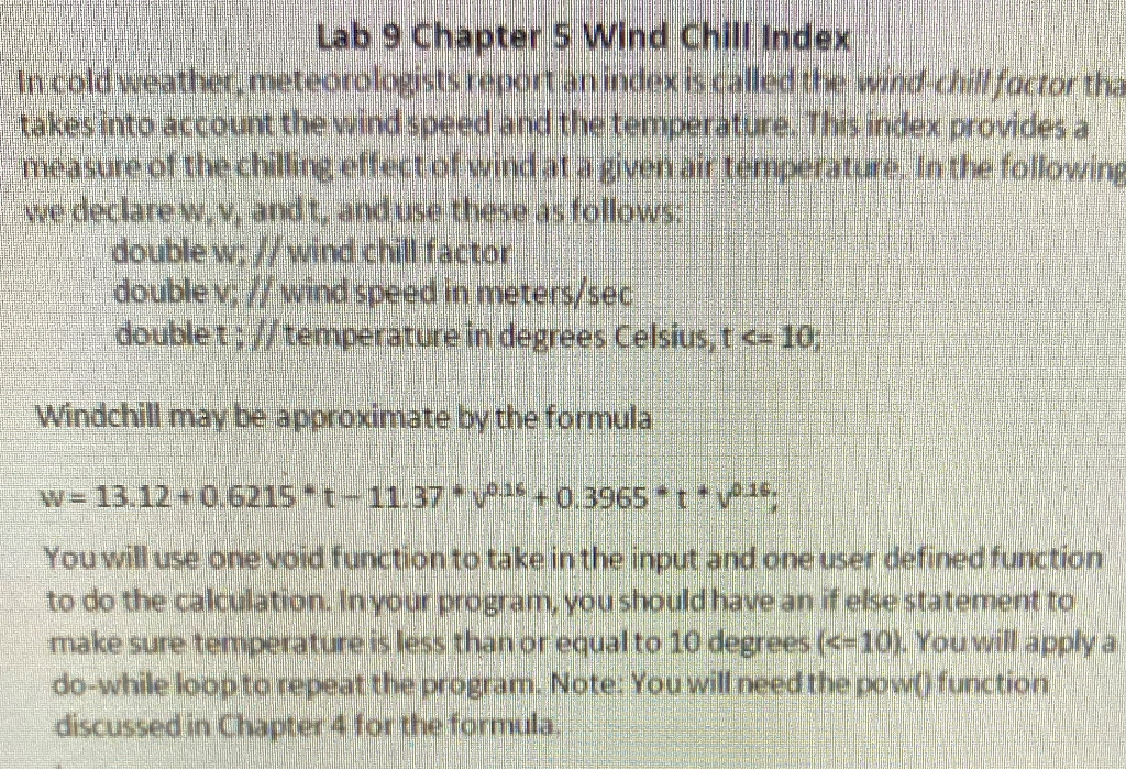 Solved Lab 9 Chapter 5 Wind Chill Index In cold weather, | Chegg.com