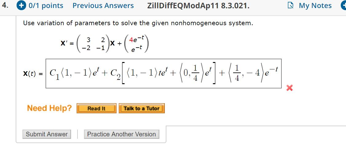 Solved 4. + 0/1 points Previous Answers ZillDiffEQModAp11 | Chegg.com