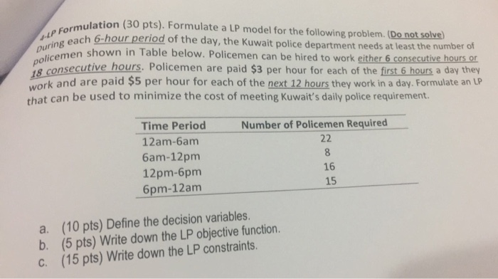 Solved Mulation 30 Pts Formulate A Lp Model For The