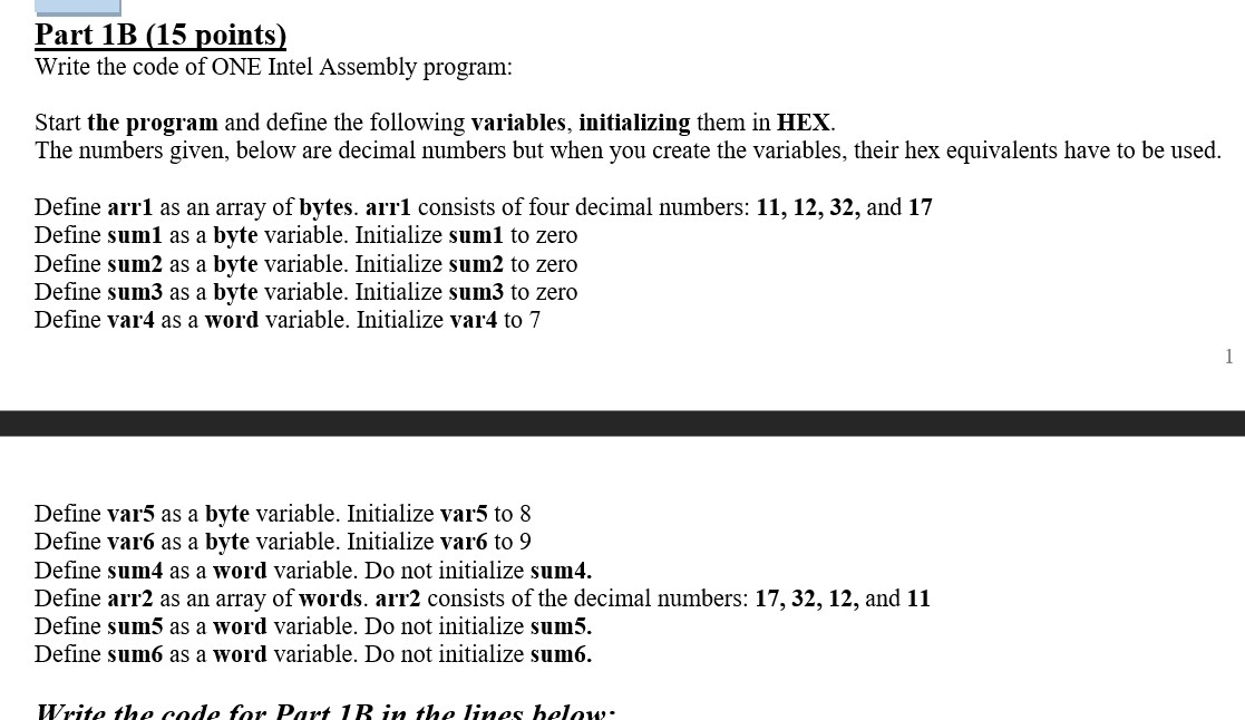 Solved Part 1B (15 points) Write the code of ONE Intel | Chegg.com