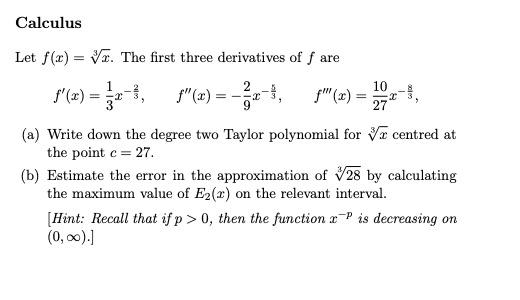 Solved Calculus 2 Let f(x) = V2. The first three derivatives | Chegg.com