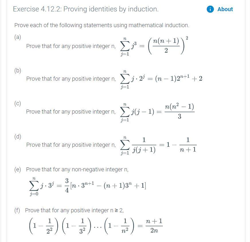 Solved Exercise 4.12.2: Proving identities by induction. i | Chegg.com