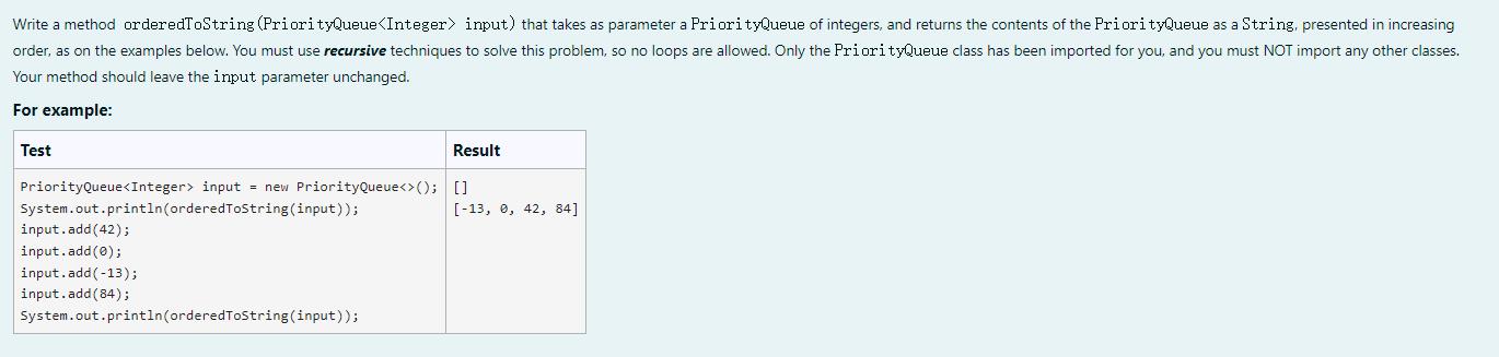 Write a method orderedToString (Priori | Chegg.com