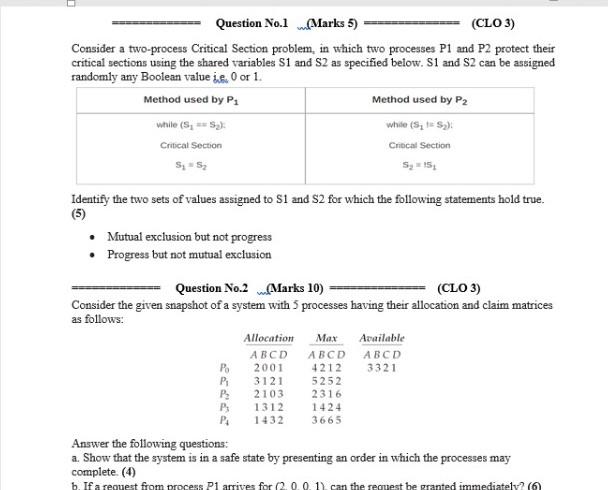 Solved Question No.1 (Marks 5) (CL0 3) Consider a | Chegg.com