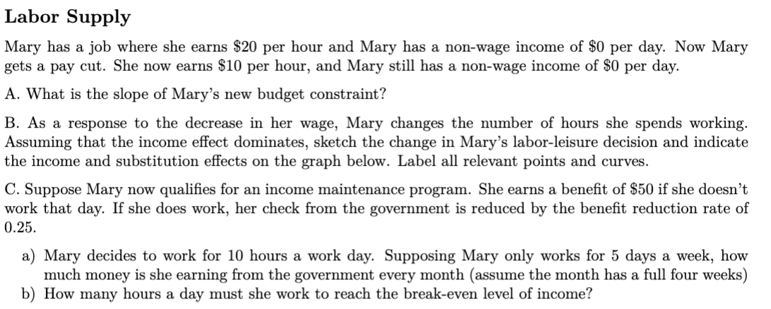 Solved Labor Supply Mary has a job where she earns $20 per | Chegg.com