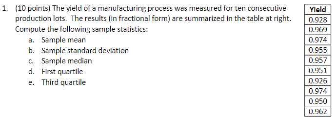 Solved 1. (10 points) The yield of a manufacturing process | Chegg.com