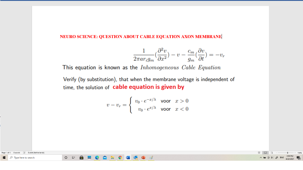 NEURO SCIENCE: QUESTION ABOUT CABLE EQUATION AXON | Chegg.com