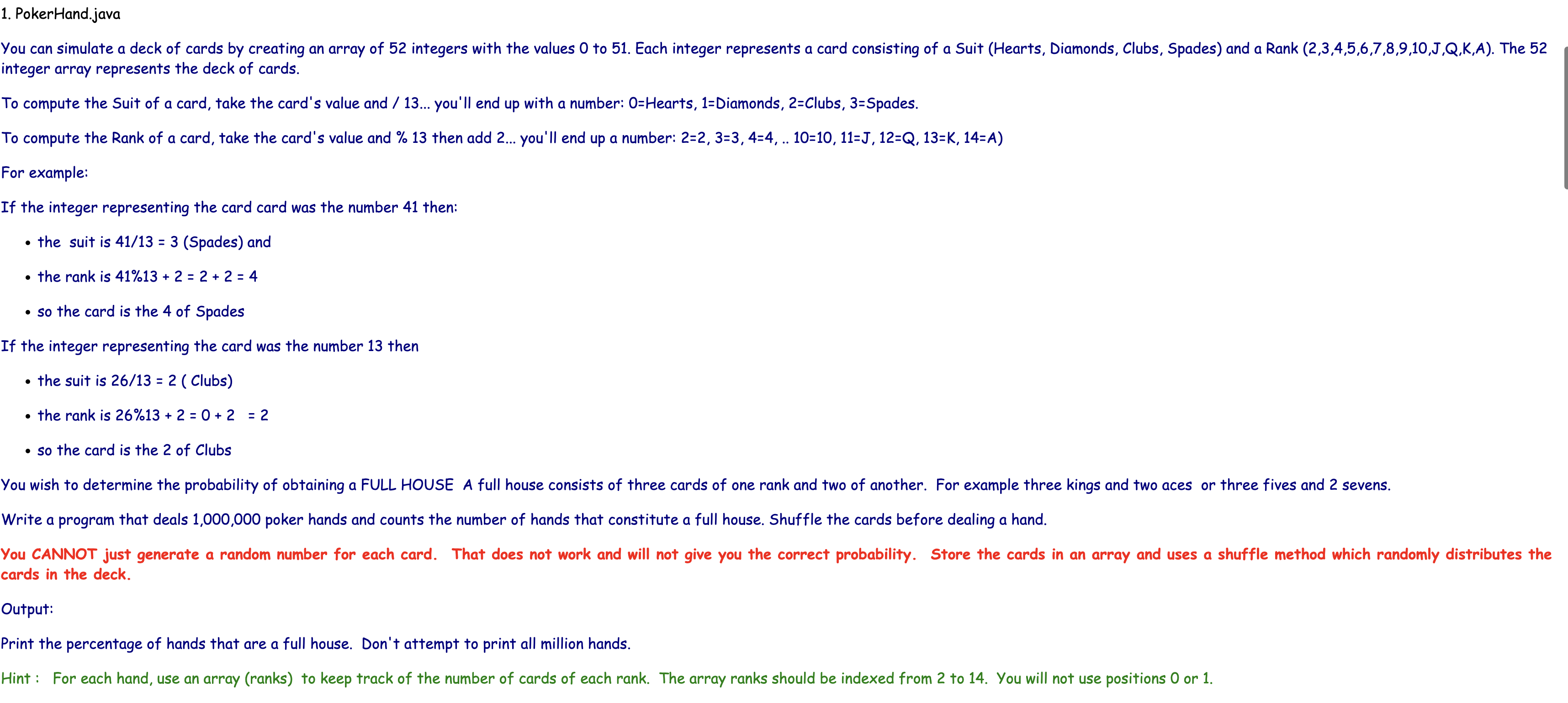 Solved 1. PokerHand.java integer array represents the deck | Chegg.com