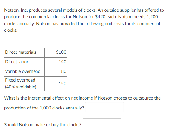 Solved Notson, Inc. produces several models of clocks. An | Chegg.com