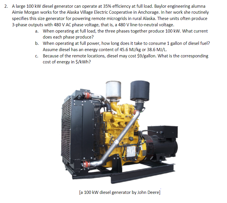 Solved 2. A large 100 kW diesel generator can operate at 35% | Chegg.com