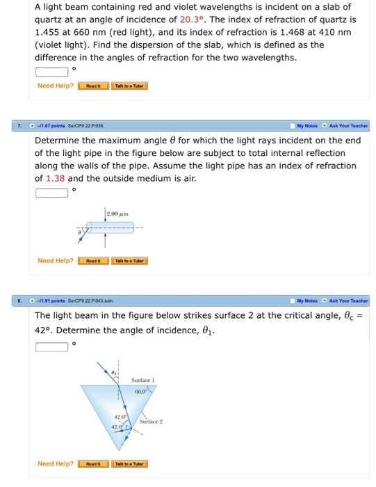 Solved A light beam containing red and violet wavelengths is | Chegg.com