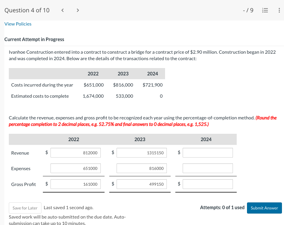 Solved Current Attempt in Progress Ivanhoe Construction | Chegg.com