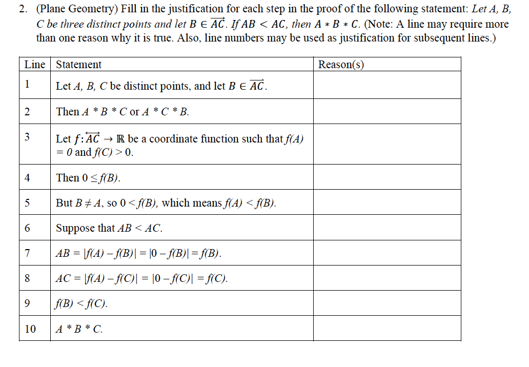 Solved 2. (Plane Geometry) Fill in the justification for | Chegg.com