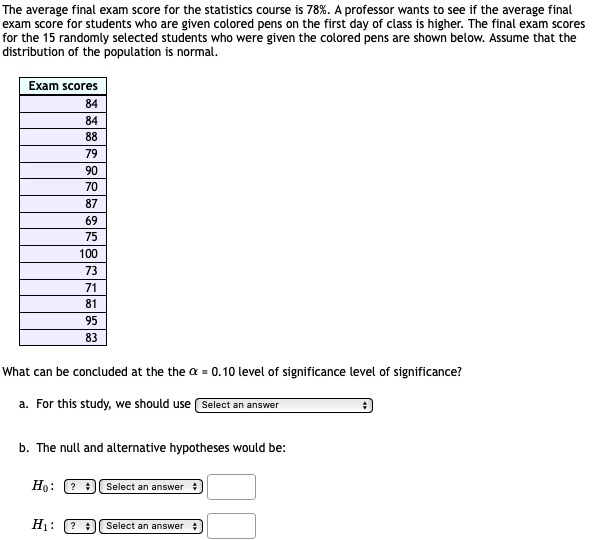Solved The average final exam score for the statistics | Chegg.com