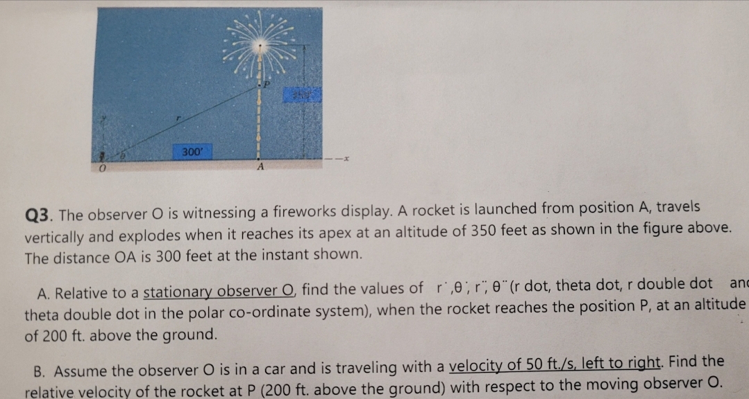 Solved Q3. The observer O is witnessing a fireworks display. | Chegg.com