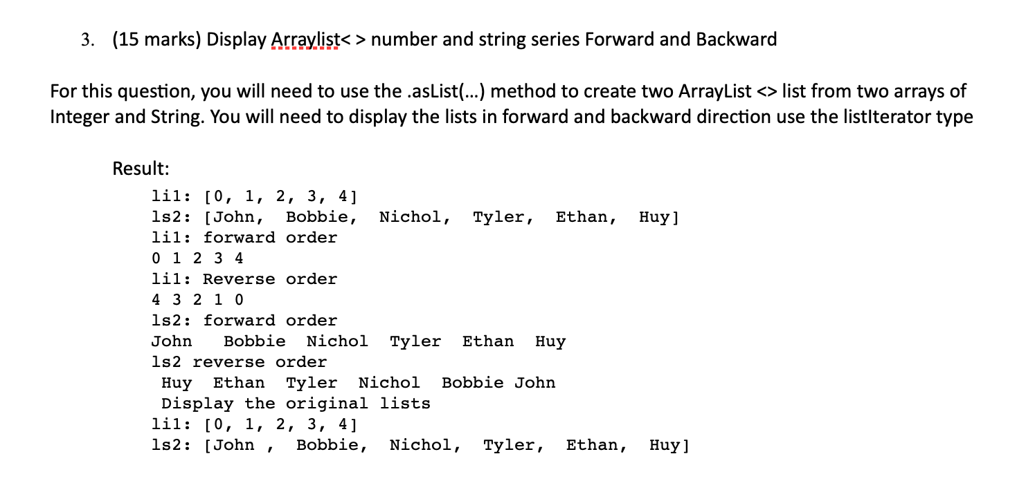 Solved 3 15 Marks Display Arraylist Number And String 
