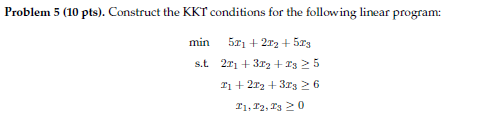 Solved Problem 5 (10 pts). Construct the KKT conditions for | Chegg.com