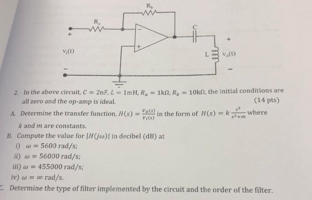 Solved in the above circuit C=2NF, L=1MH, RA=1K find a b c | Chegg.com