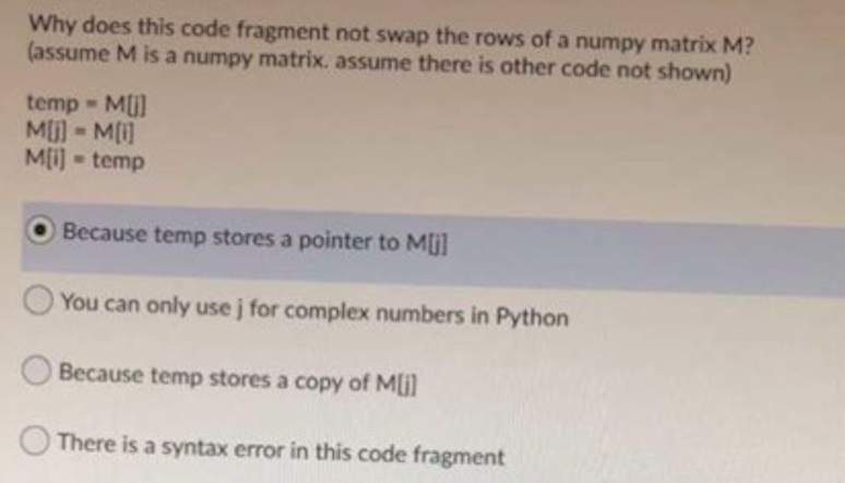 Solved Why does this code fragment not swap the rows of a | Chegg.com
