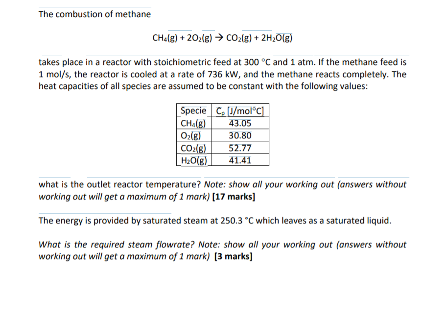 The combustion of methane CH2(g) + 2O2(g) → CO2(g) + | Chegg.com