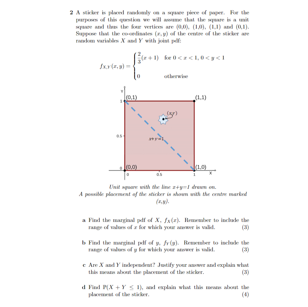 Solved 2 A sticker is placed randomly on a square piece of | Chegg.com