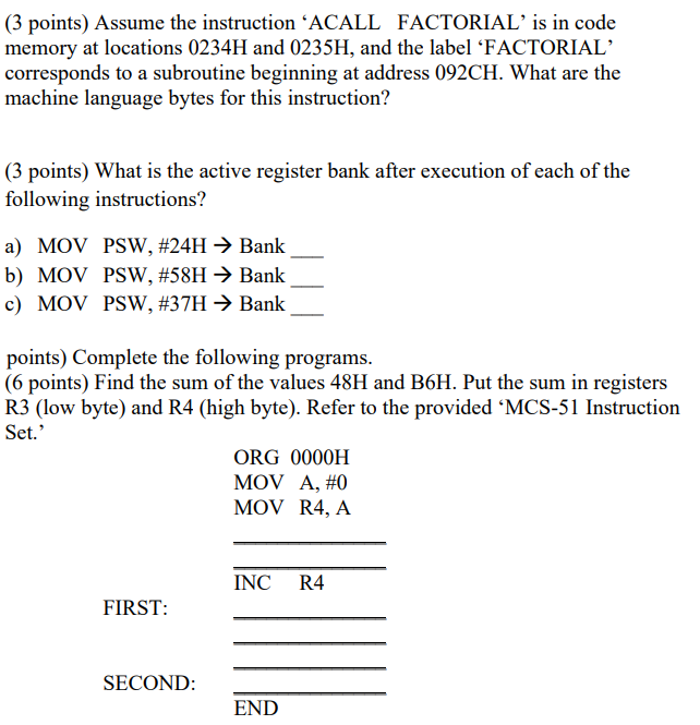 Solved (3 points) Assume the instruction 'ACALL FACTORIAL' | Chegg.com