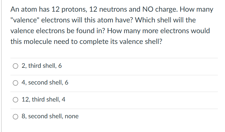 Solved An Atom Has 12 Protons 12 Neutrons And No Charge