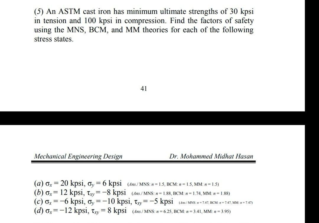 Solved (5) An ASTM cast iron has minimum ultimate strengths | Chegg.com