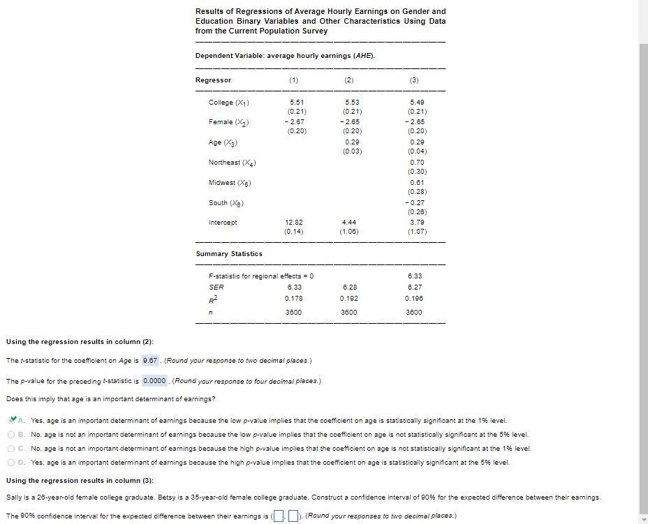 Solved Results of Regressions of Average Hourly Earnings on | Chegg.com