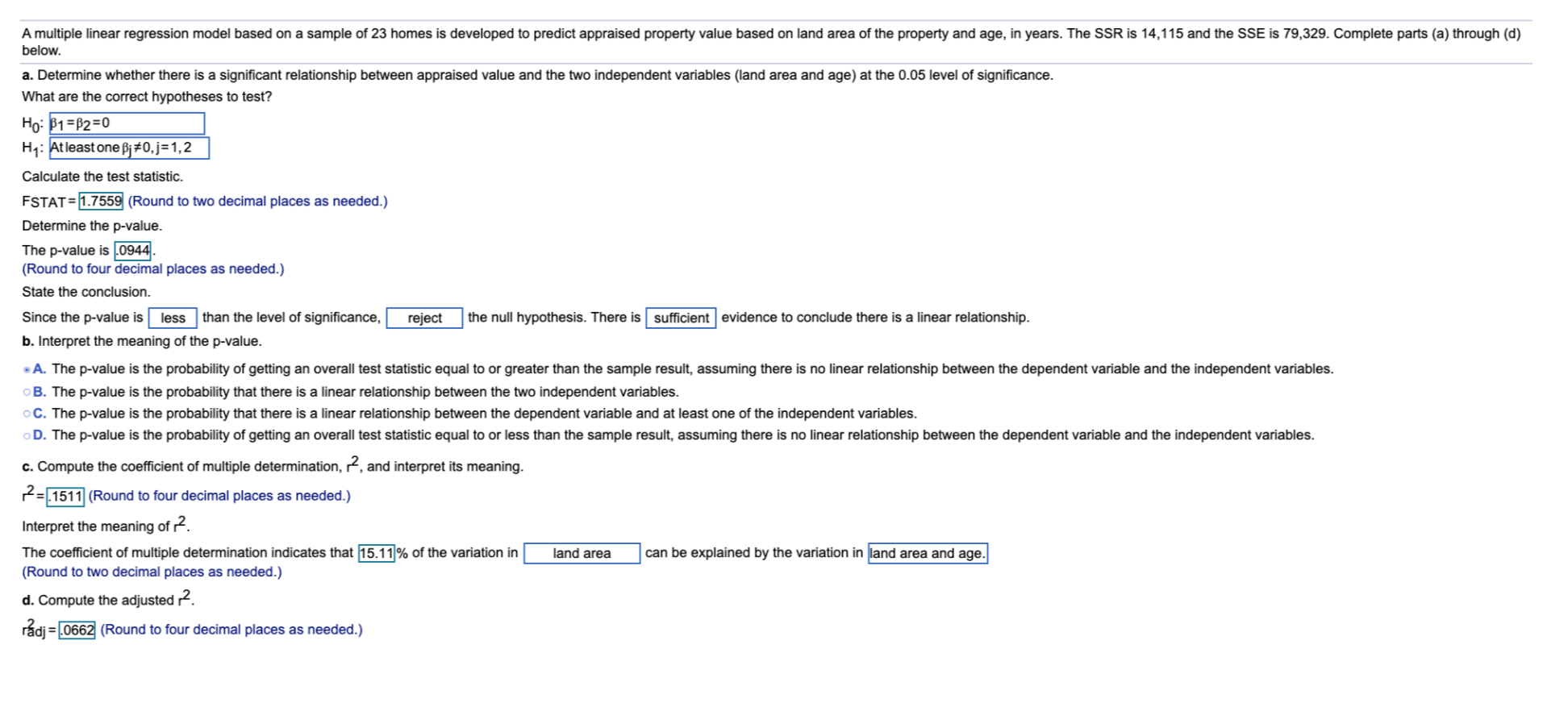 Solved A multiple linear regression model based on a sample | Chegg.com