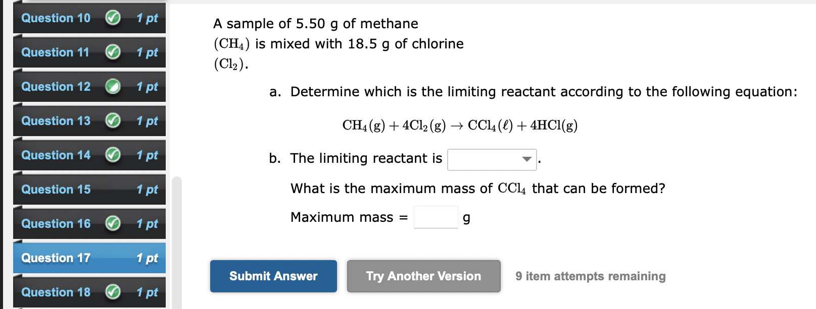 Solved A sample of 5.50 g of methane (CH4) is mixed with | Chegg.com