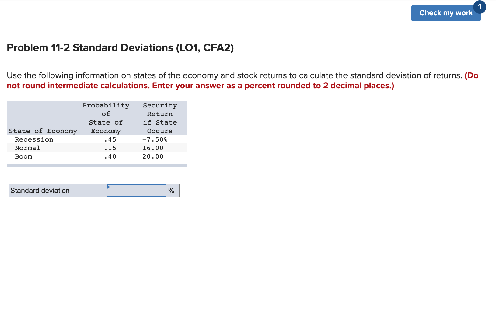 Solved Problem 11-2 Standard Deviations (LO1, CFA2) Use the | Chegg.com