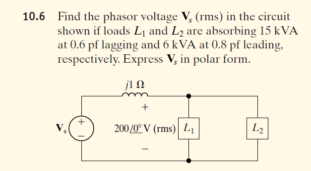 Solved 0.6 Find the phasor voltage Vs(rms) in the circuit | Chegg.com