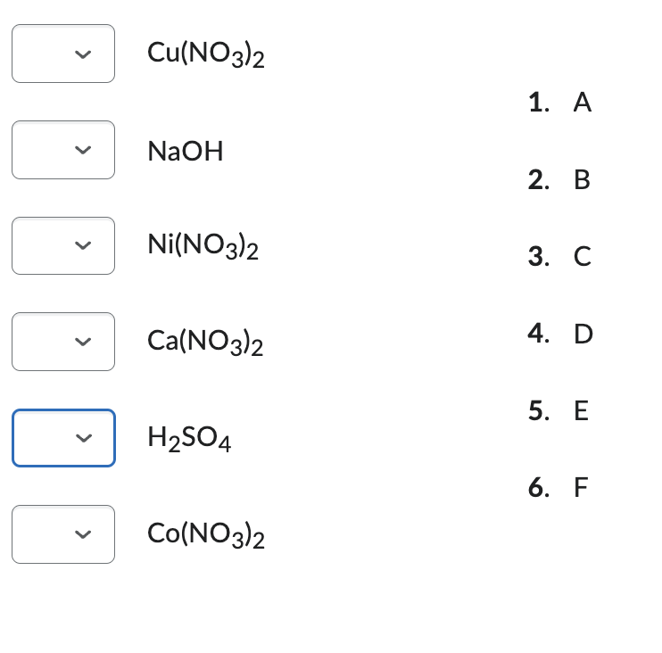 Solved There are six test tubes containing 0.1M aqueous | Chegg.com