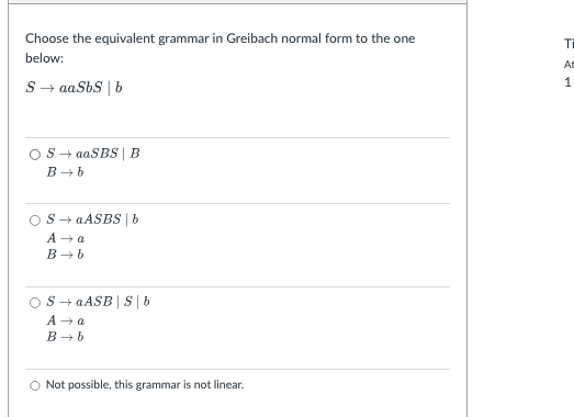 Solved Choose the equivalent grammar in Greibach normal form | Chegg.com